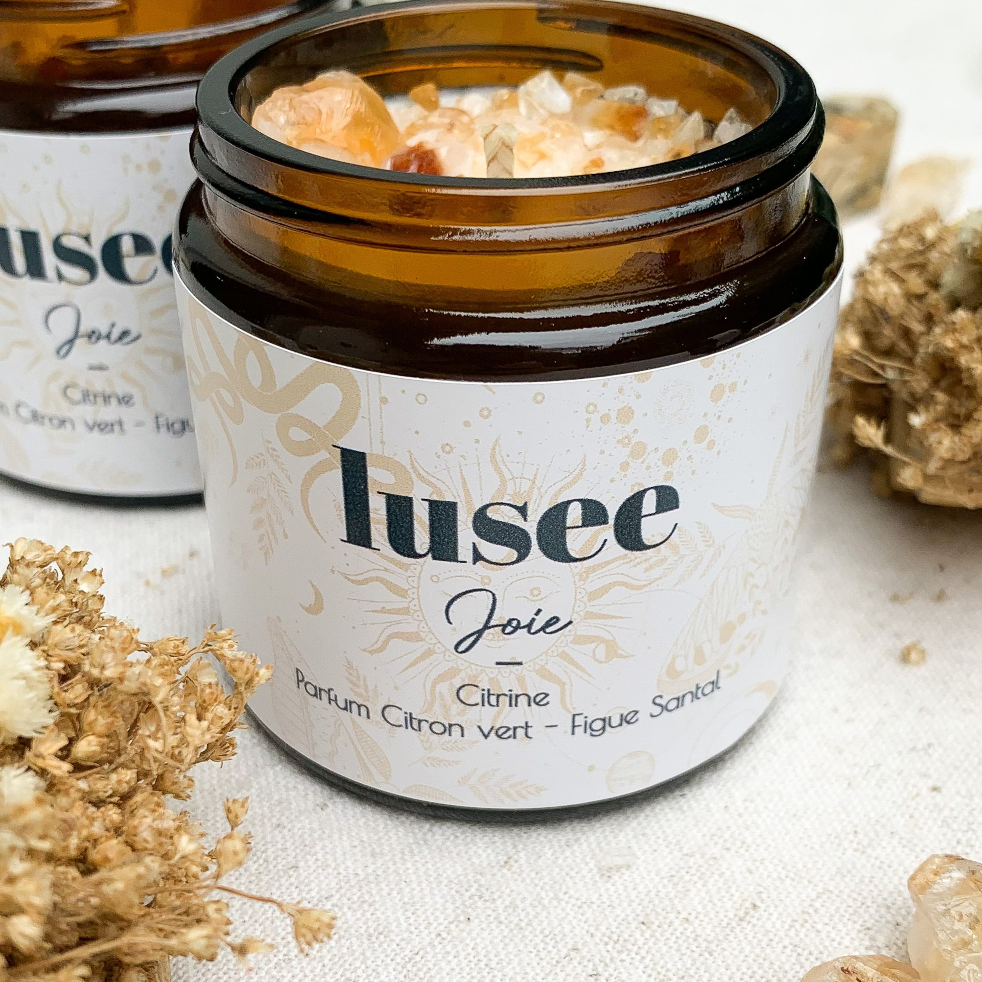 Lusee | Bougie Joie pierre de citrine parfum citron Figue santal
