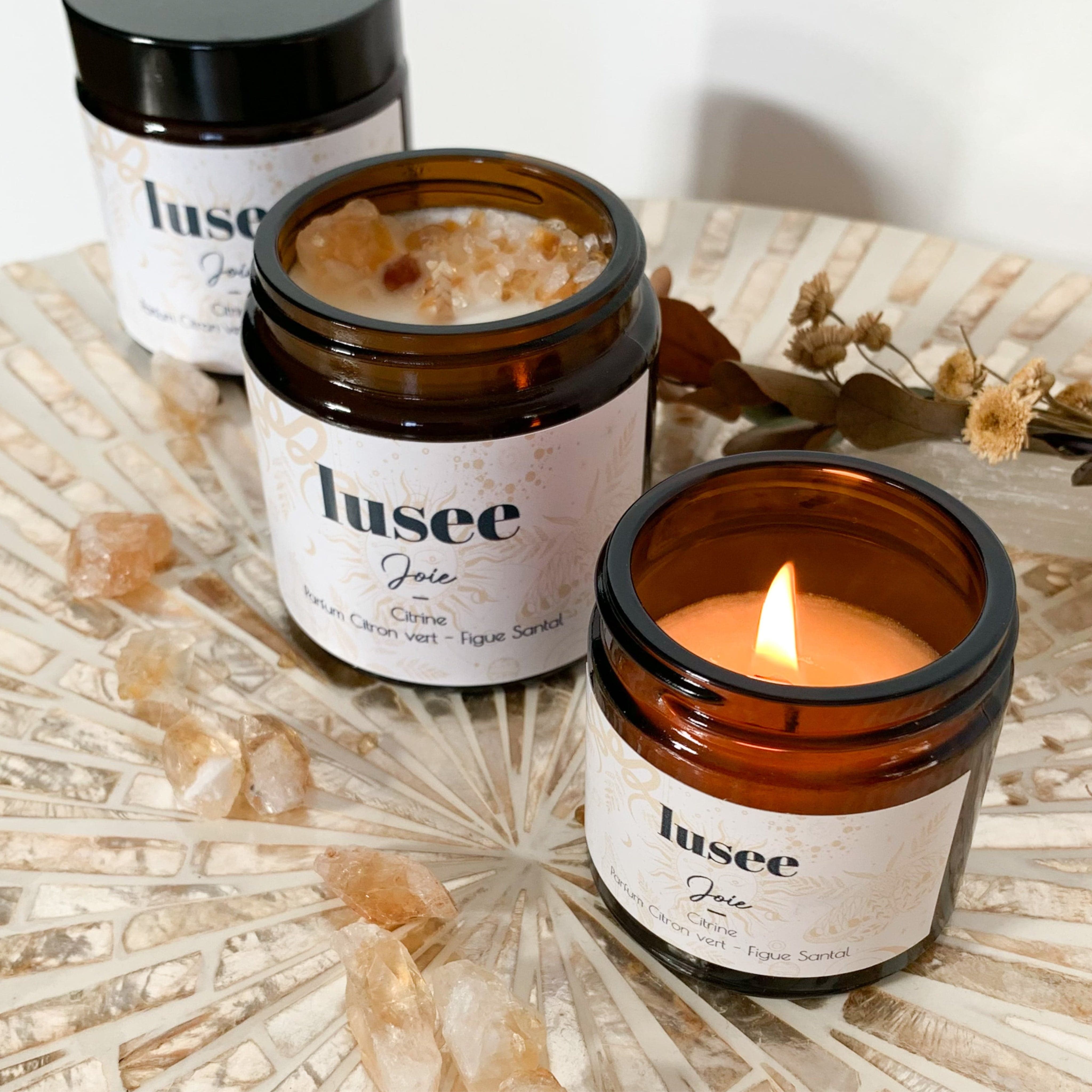 Lusee | Bougie Joie pierre de citrine parfum citron Figue santal